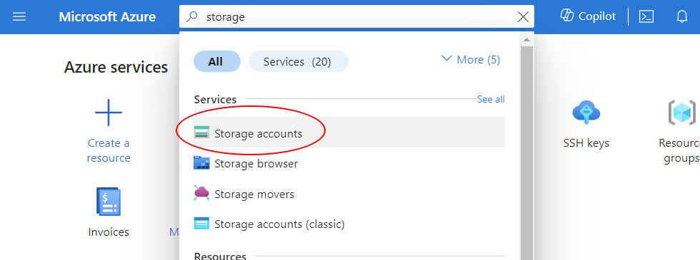 From the storage accounts dashboard, click + Create to make a new one: