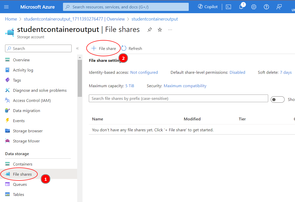 Choose File shares from the menu on the left (1), and then click the ...